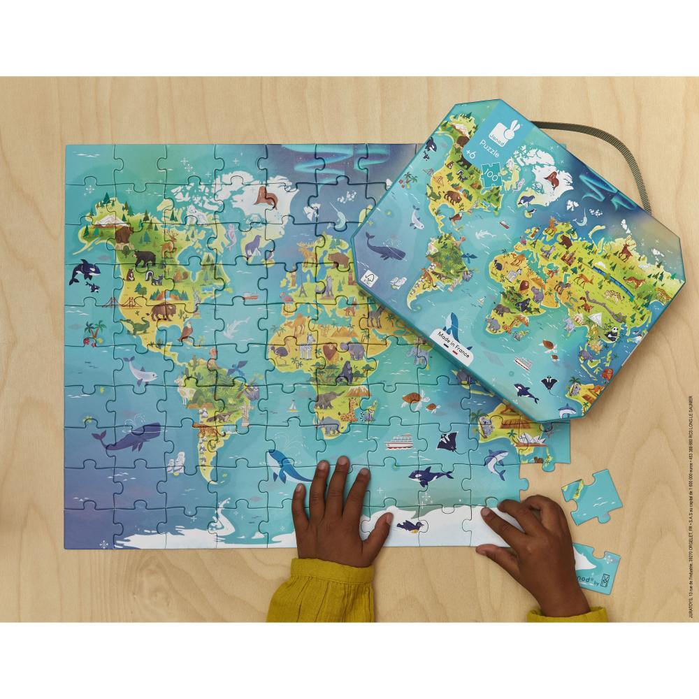 Janod Puzzle v kufríku Mapa sveta 100 ks | PLAY ATELIER