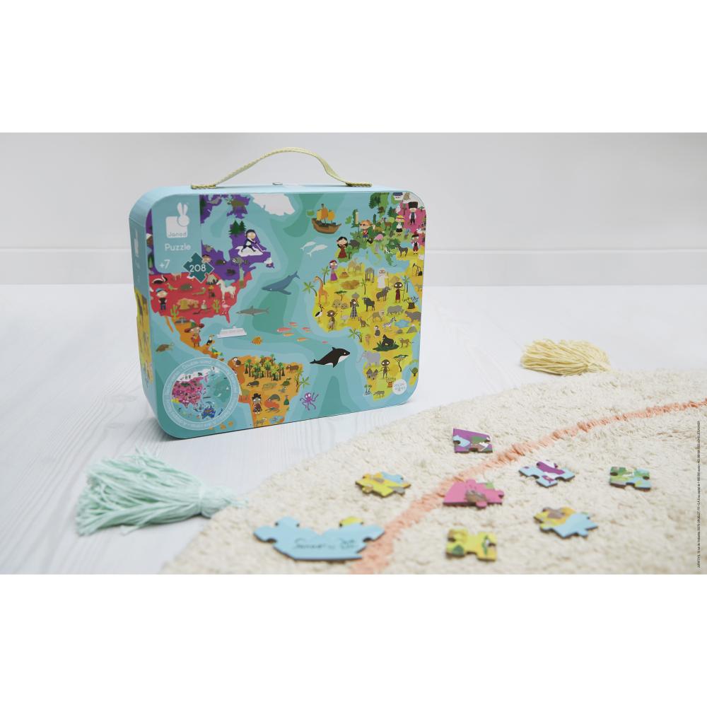 Janod Obojstranné puzzle v kufríku Zemeguľa 208 ks | PLAY ATELIER
